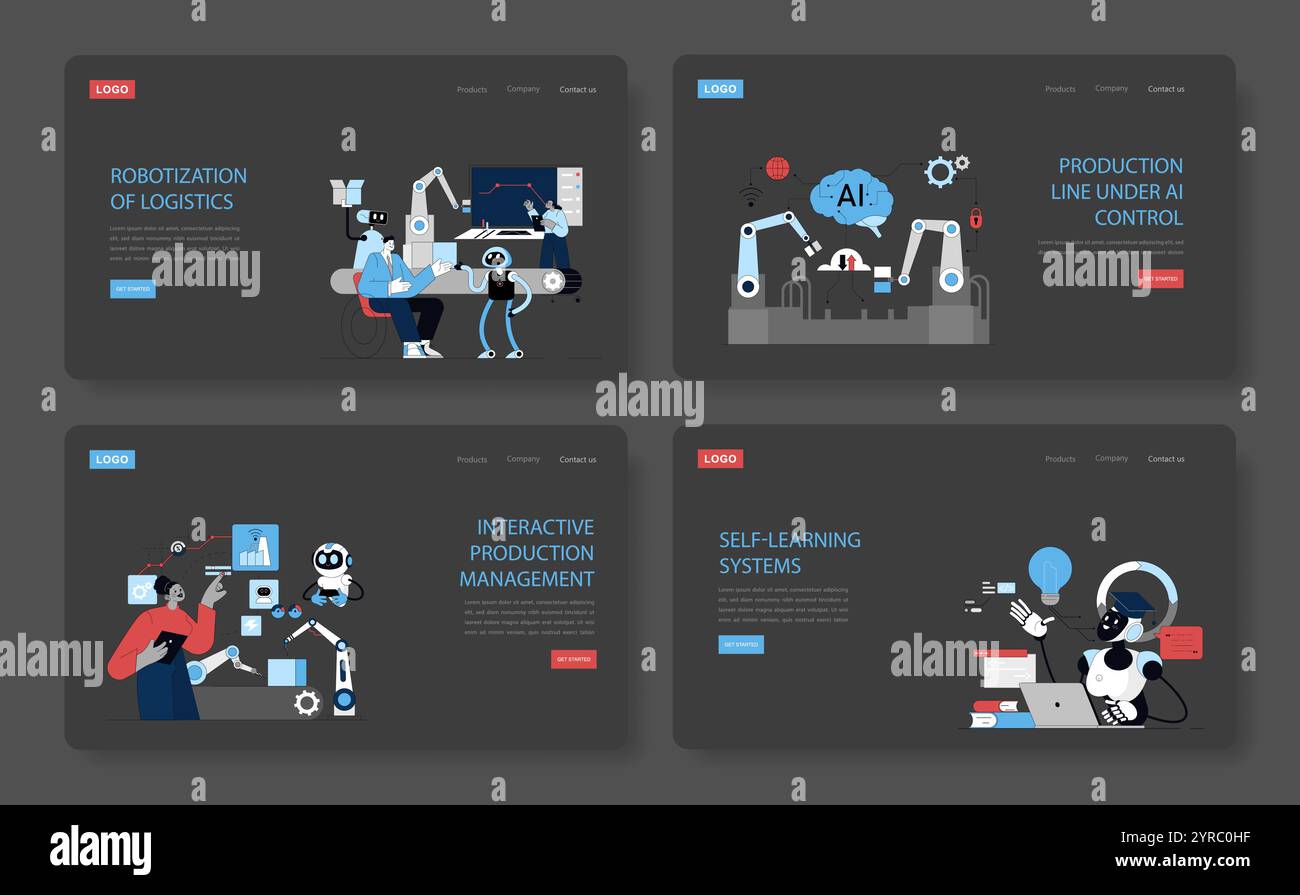 Production Automation set. Advanced robotics transforming logistics, AI ... Production Automation set. Advanced robotics transforming logistics, AI ...