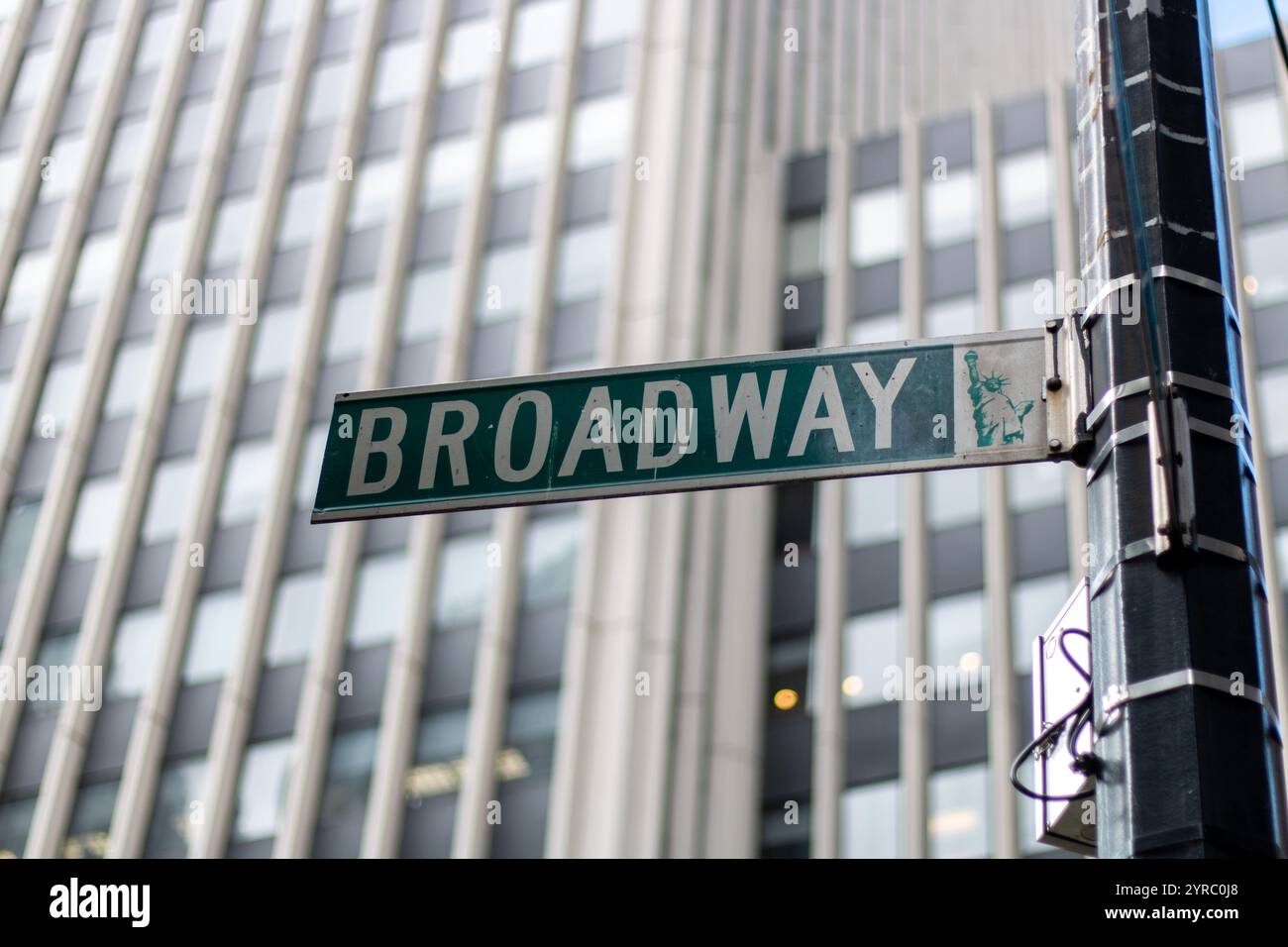 A close-up view of a Broadway street sign in New York City, with a ...