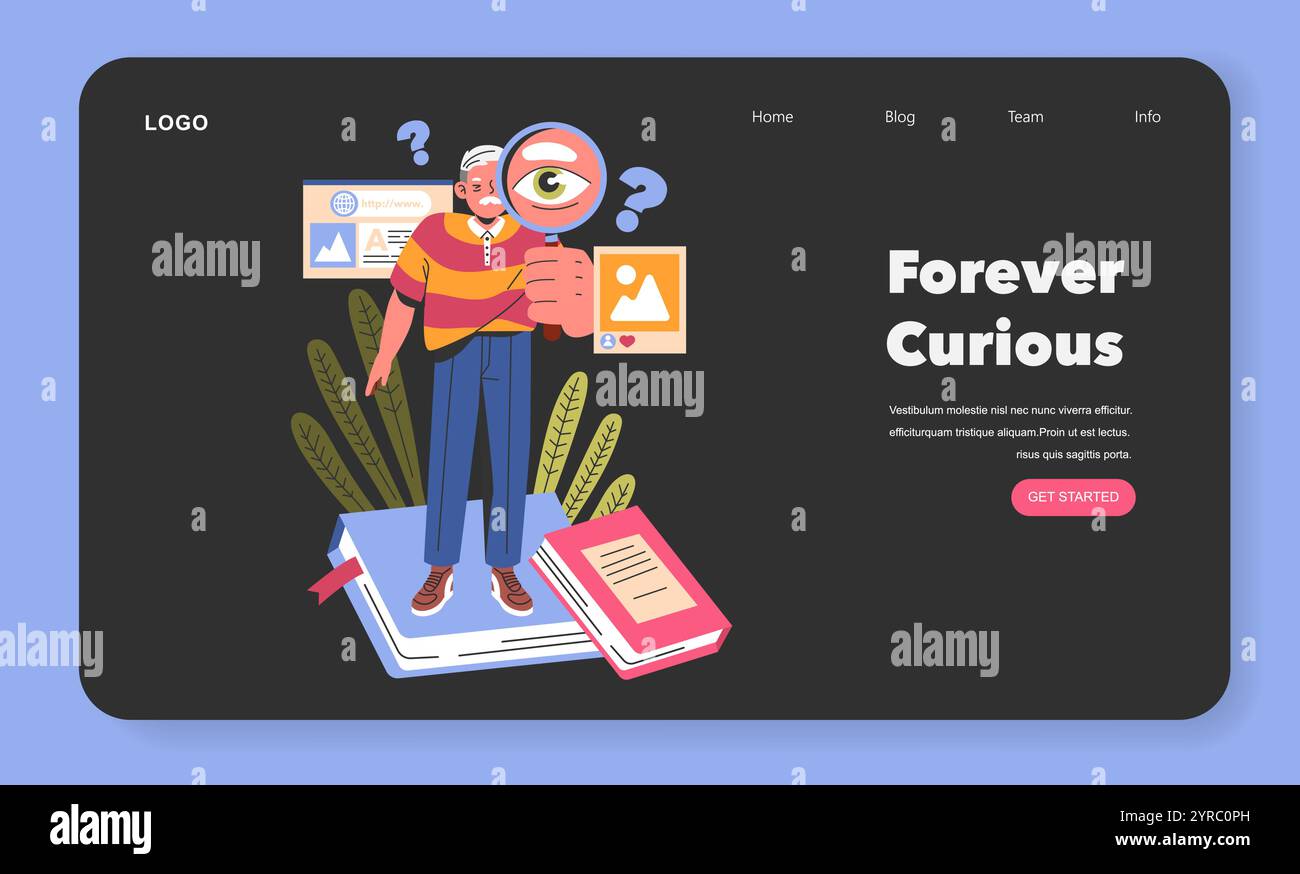 Perennial People concept. An inquisitive character engages with icons ...