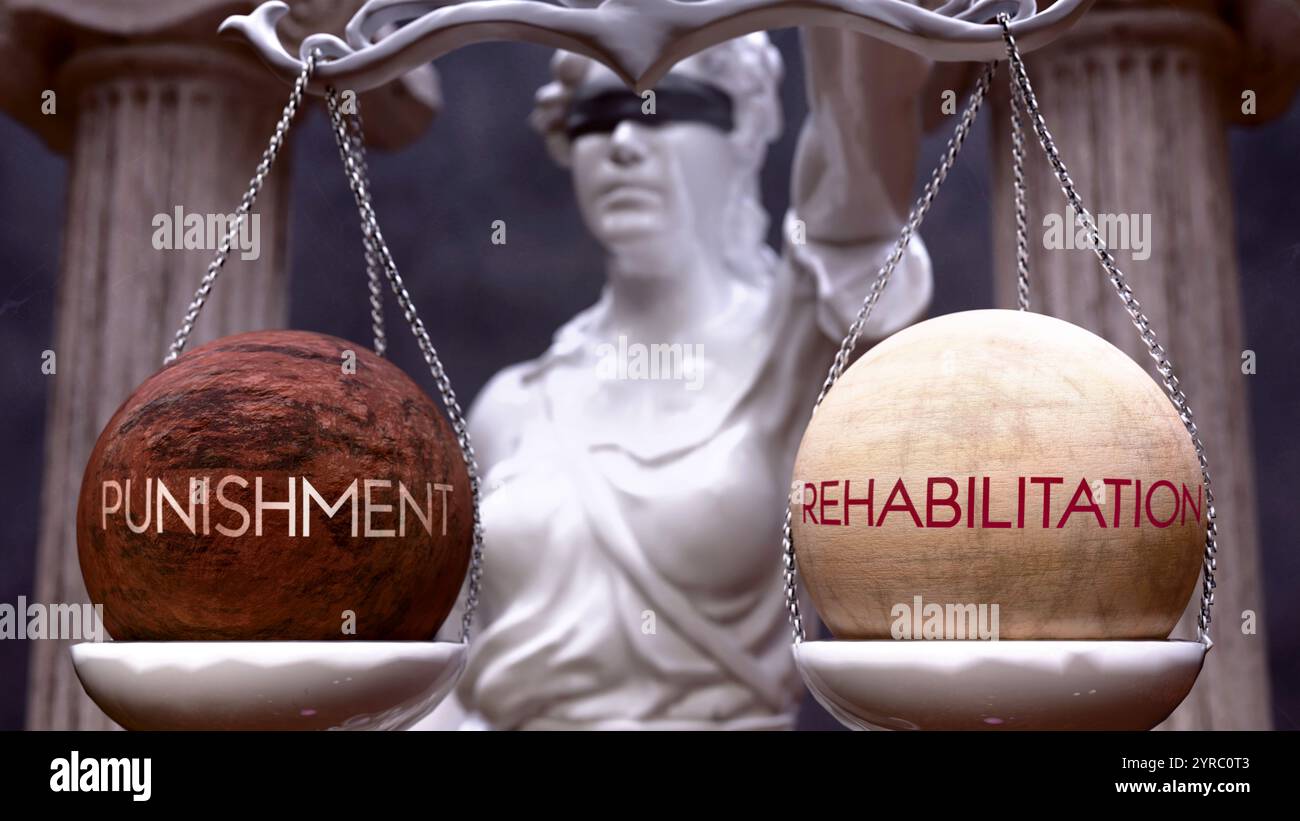 Punishment or Rehabilitation as a choice, two options to choose from. Greek statue presenting ...