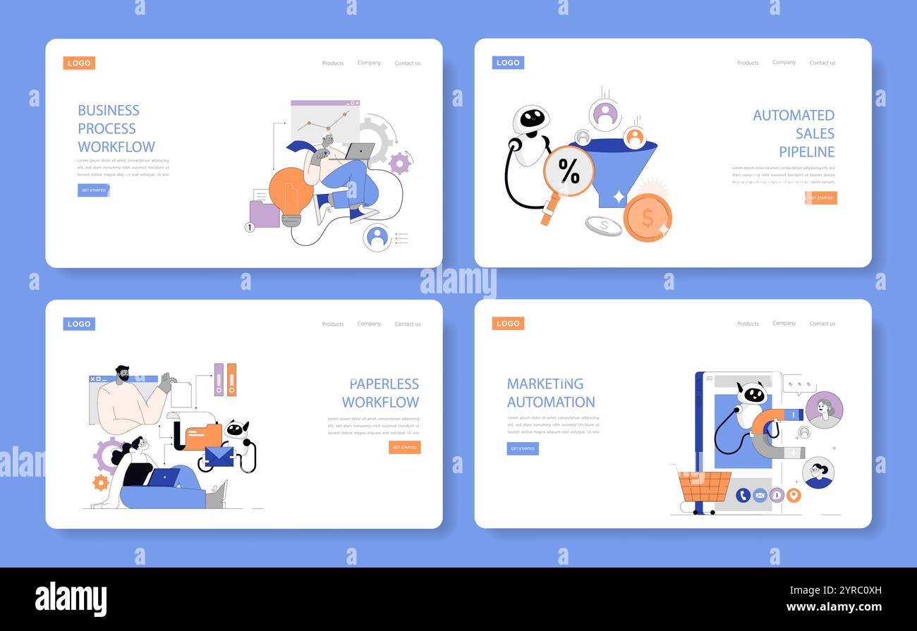 Business Automation set. Illustrates digital transformation with online ...
