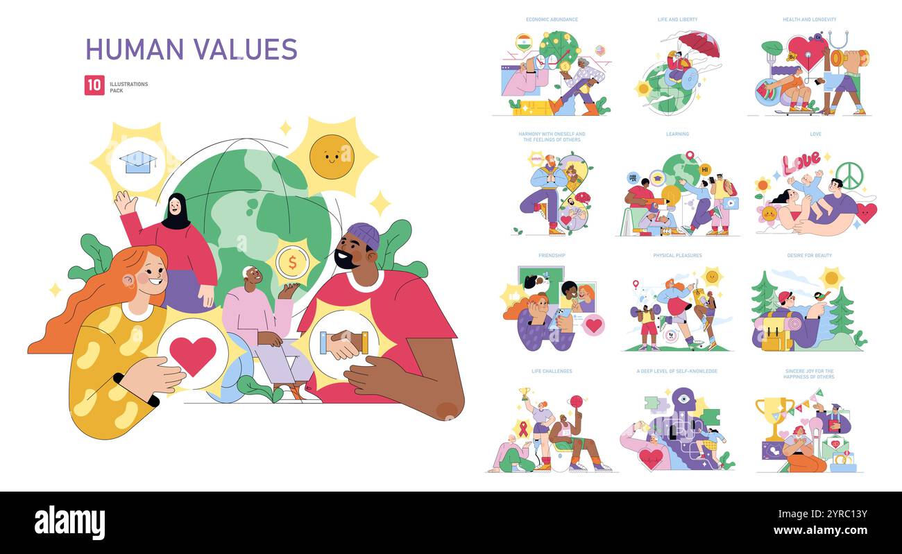 Human Values set. Illustrations showcasing diversity in education, wealth, social connections ...