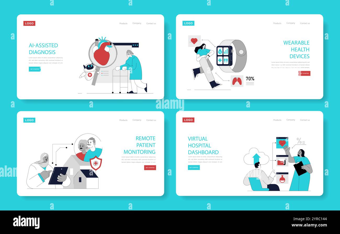 Healthcare automation set. Integration of AI in diagnosis, wearable ...