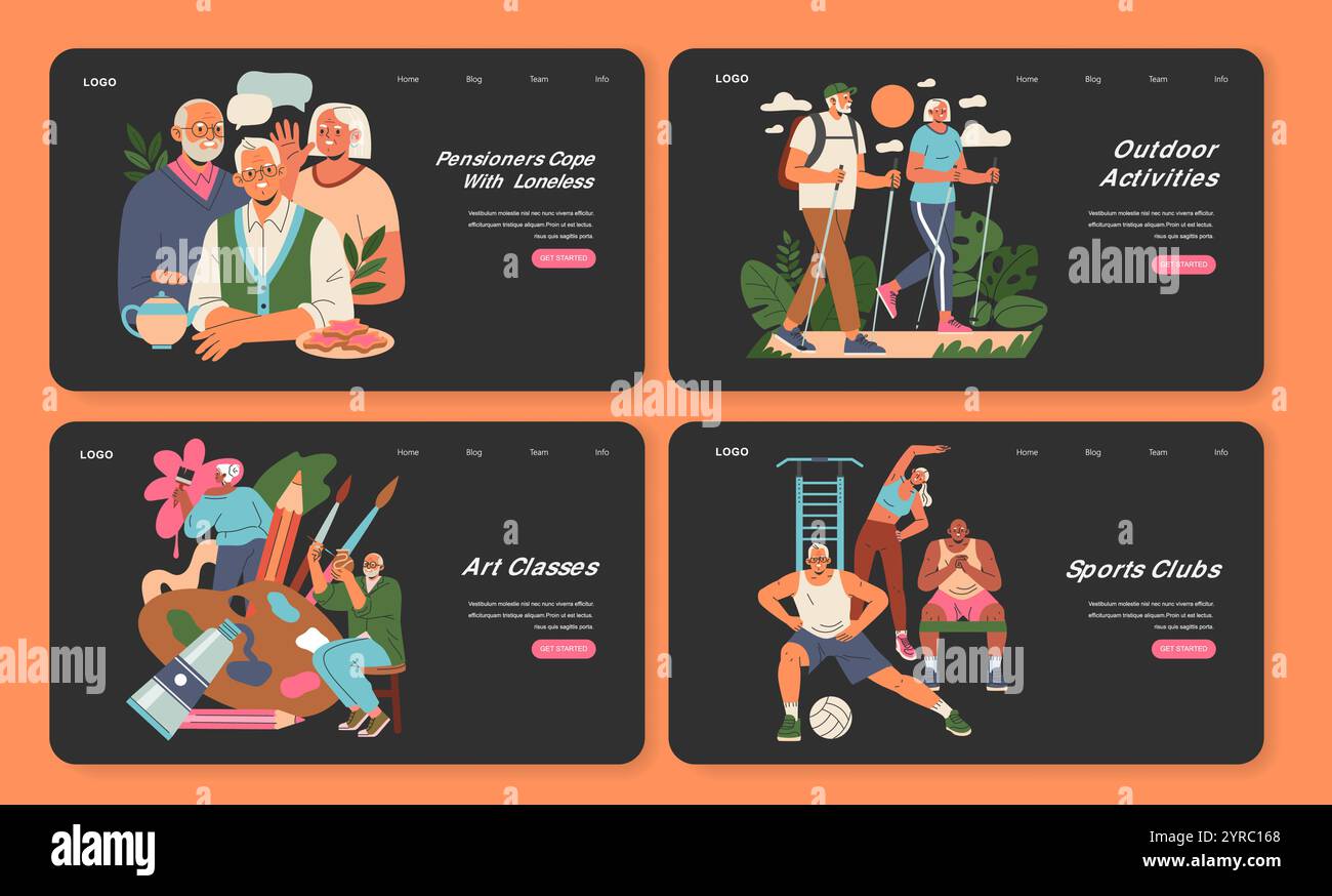 Active Seniors set. Engaging in group hobbies, outdoor trekking, art ...