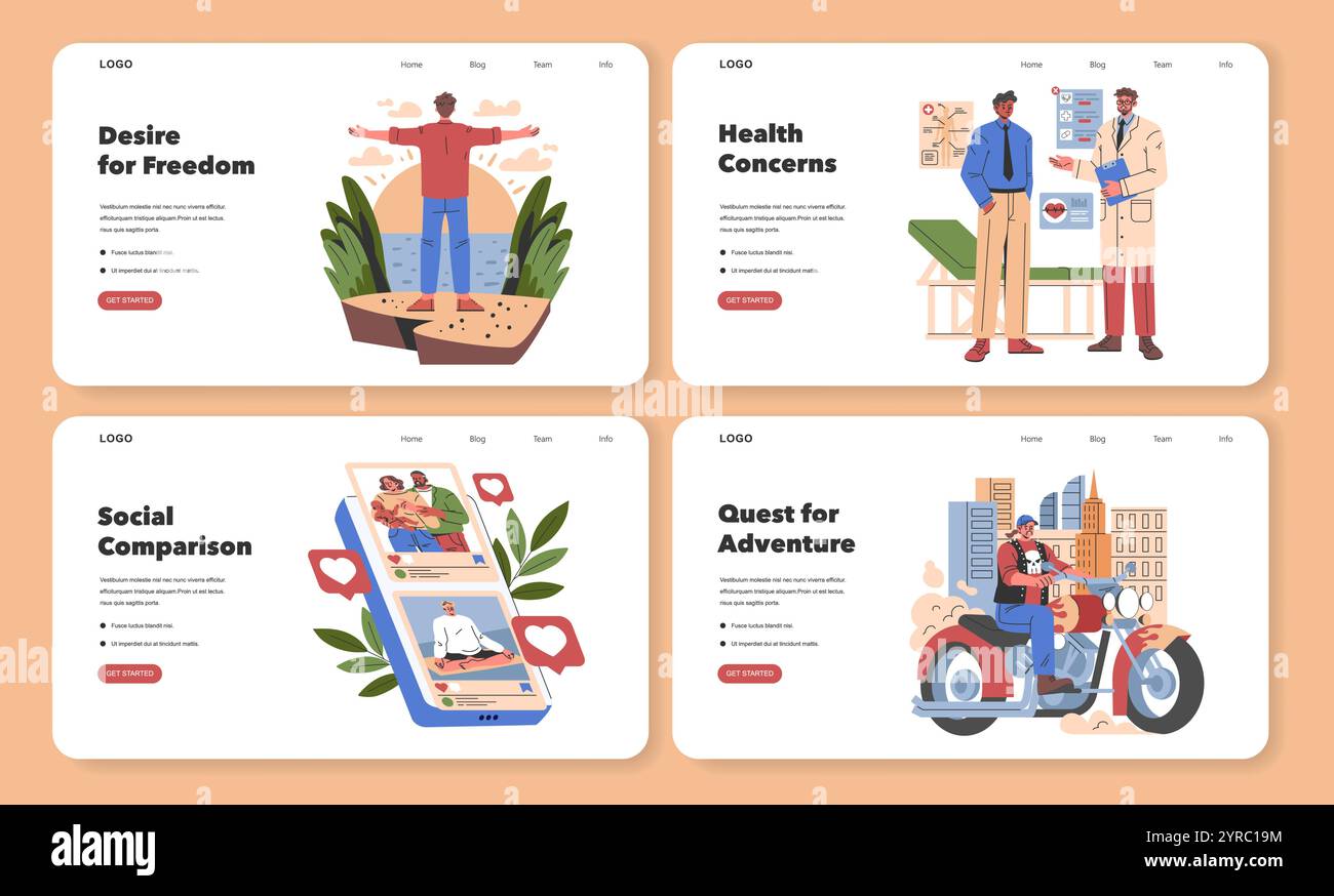 Men midlife crisis set. Illustrations depicting search for freedom ...