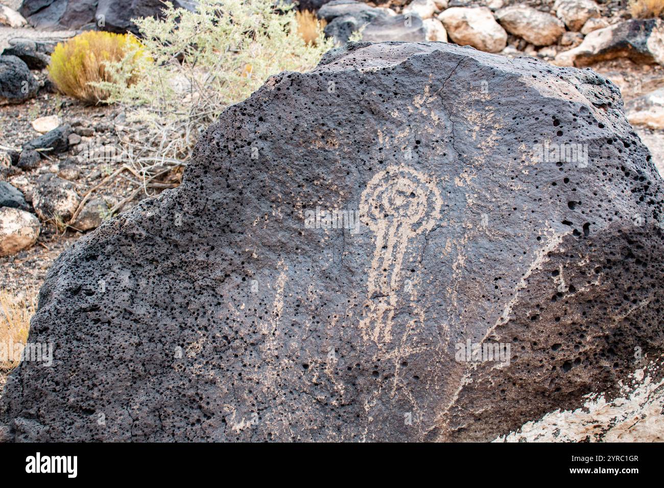 An ancient petroglyph carved into volcanic rock at Petroglyph National ...