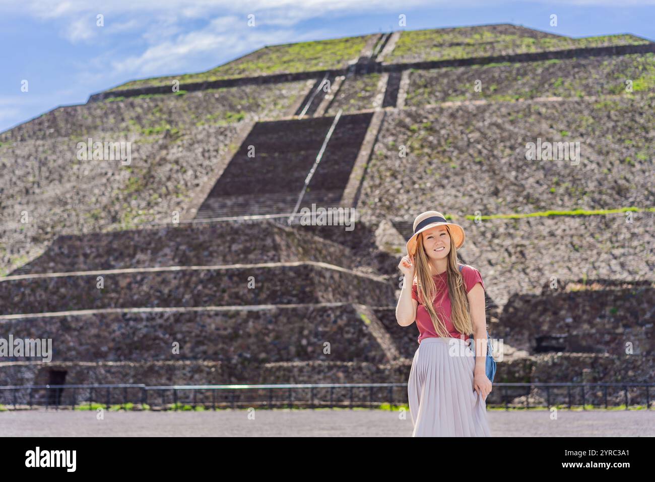 Female tourist exploring Teotihuacan, Mexico. Cultural heritage ...