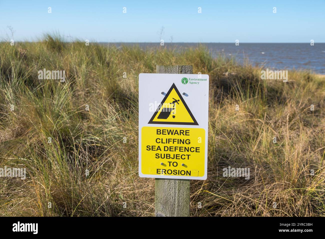 Sign saying "Beware cliffing sea defence subject to erosion" Heacham ...