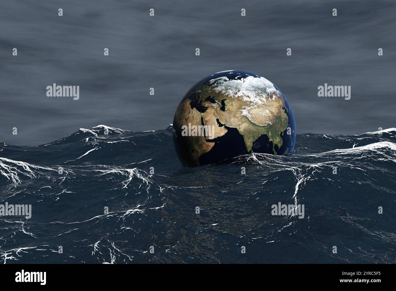 Planet Earth floating in the ocean in storm weather. 3D illustration of ...