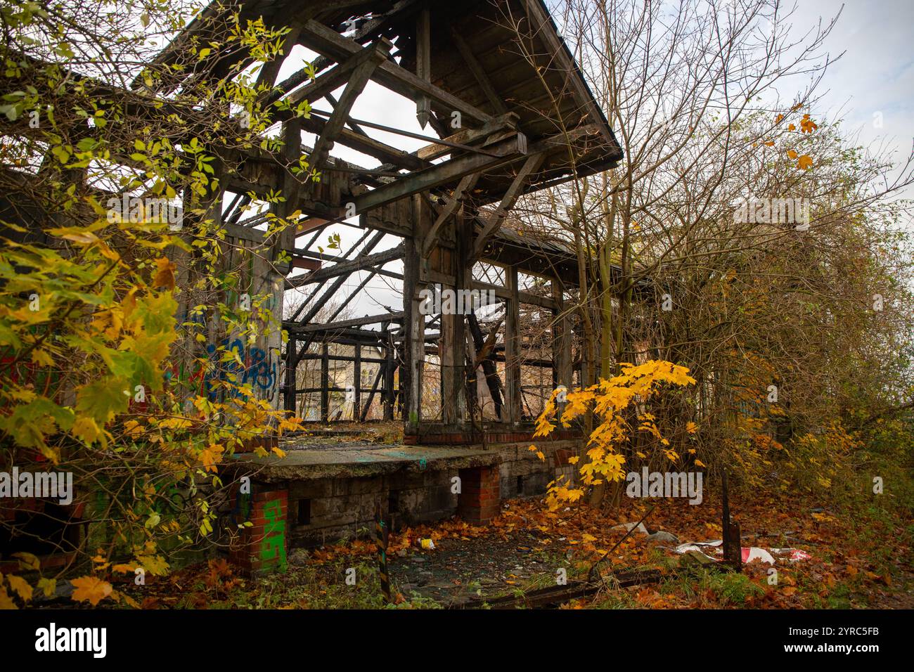 Old abandoned freight yard building with burn marks and vandalism Stock ...