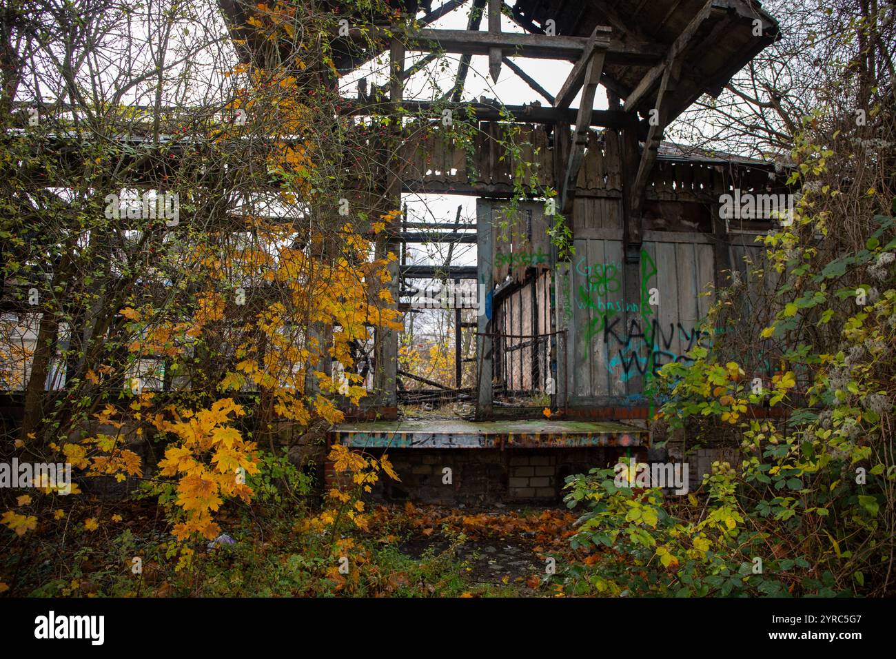Old abandoned freight yard building with burn marks and vandalism Stock ...