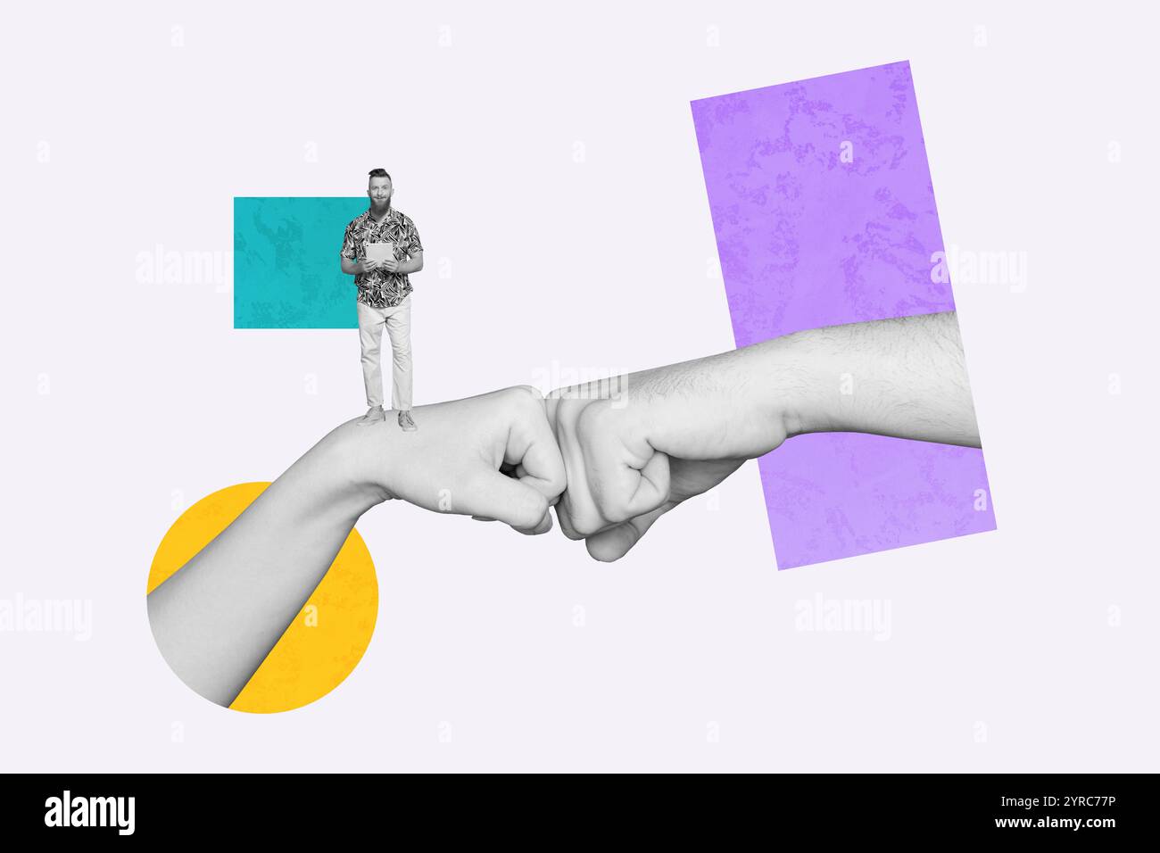 Composite photo collage of happy man hold ereader hand boom gesture ...