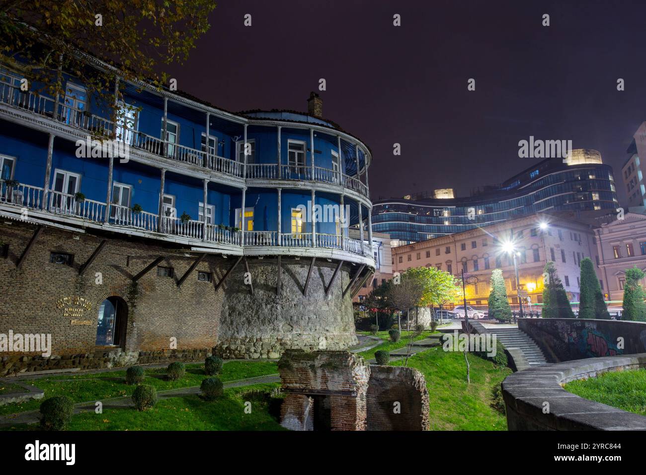 Amazing Night panorama of Downtown of Tbilisi with old buildings and ...