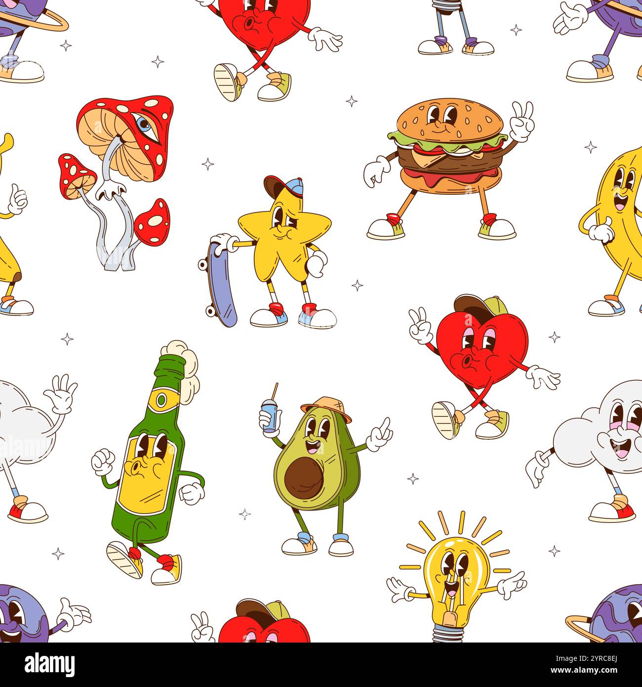 Groovy characters seamless pattern with comic retro cartoon personages ...