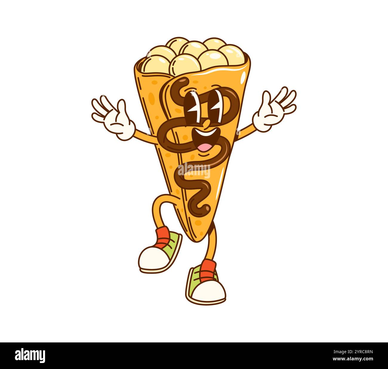 Cartoon groovy crepe dessert fast food character with playful face ...