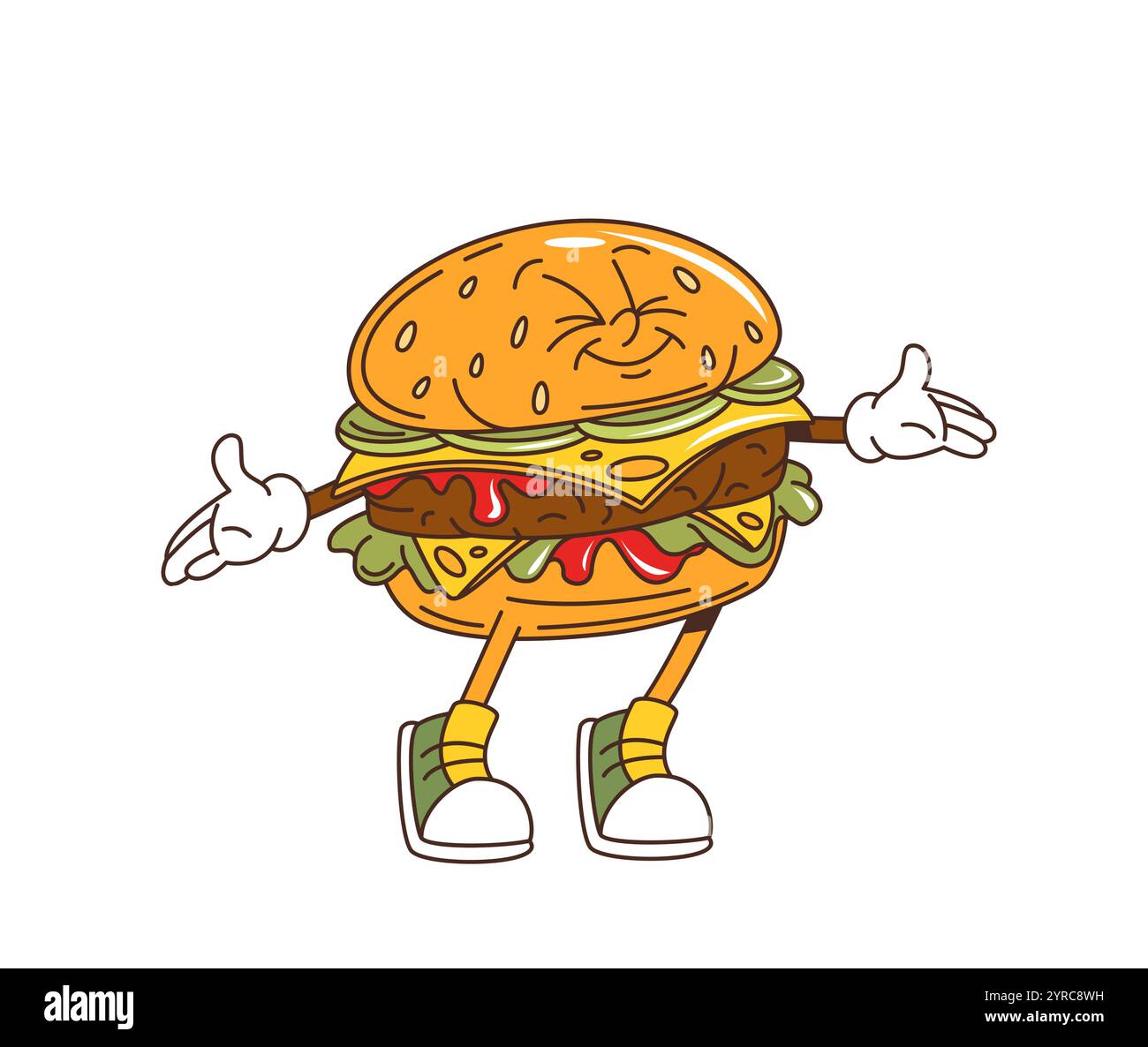 Cartoon groovy retro hamburger fast food character, vector comic emoji ...
