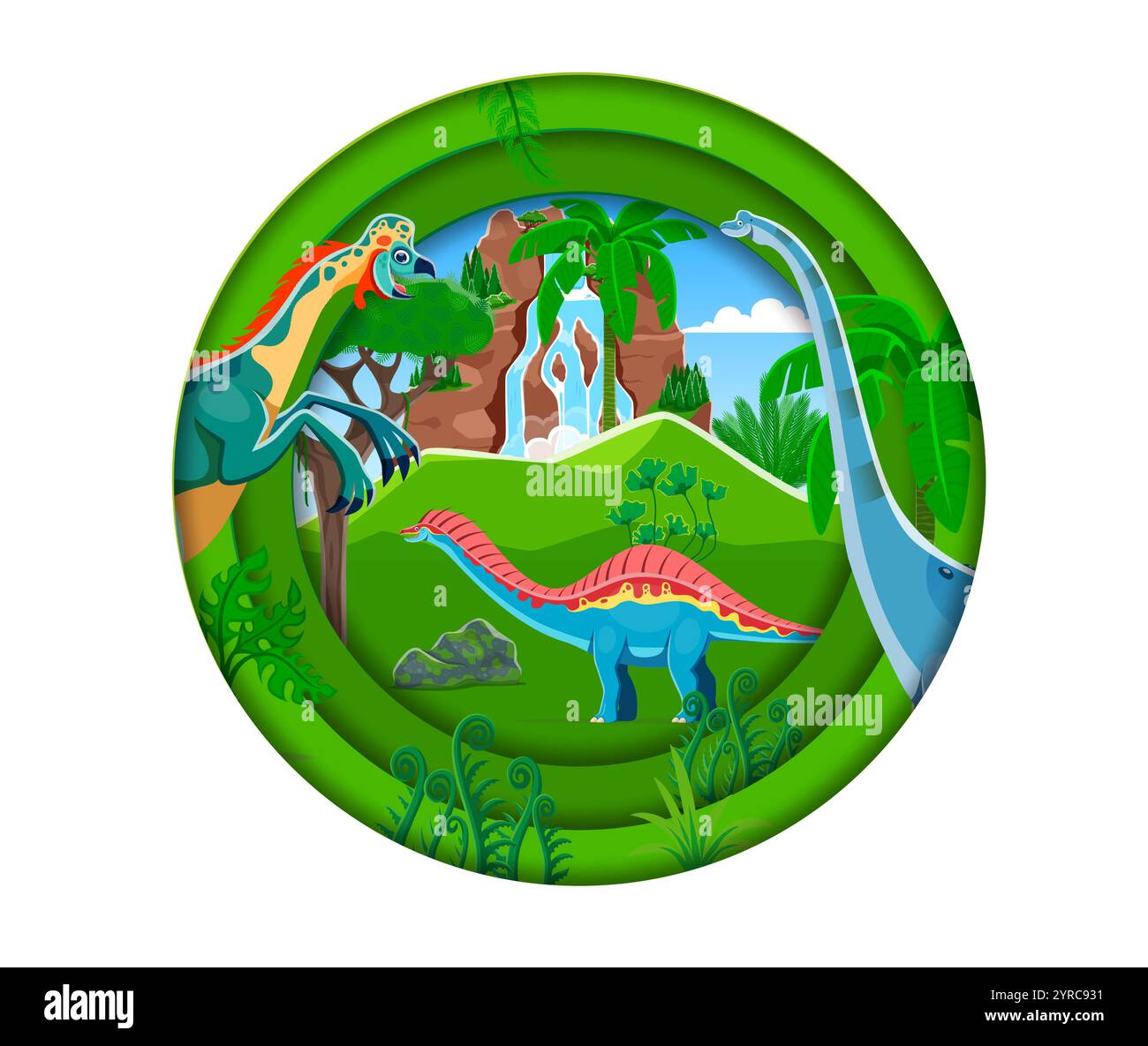 Paper cut prehistoric landscape with dinosaur characters in jungle ...