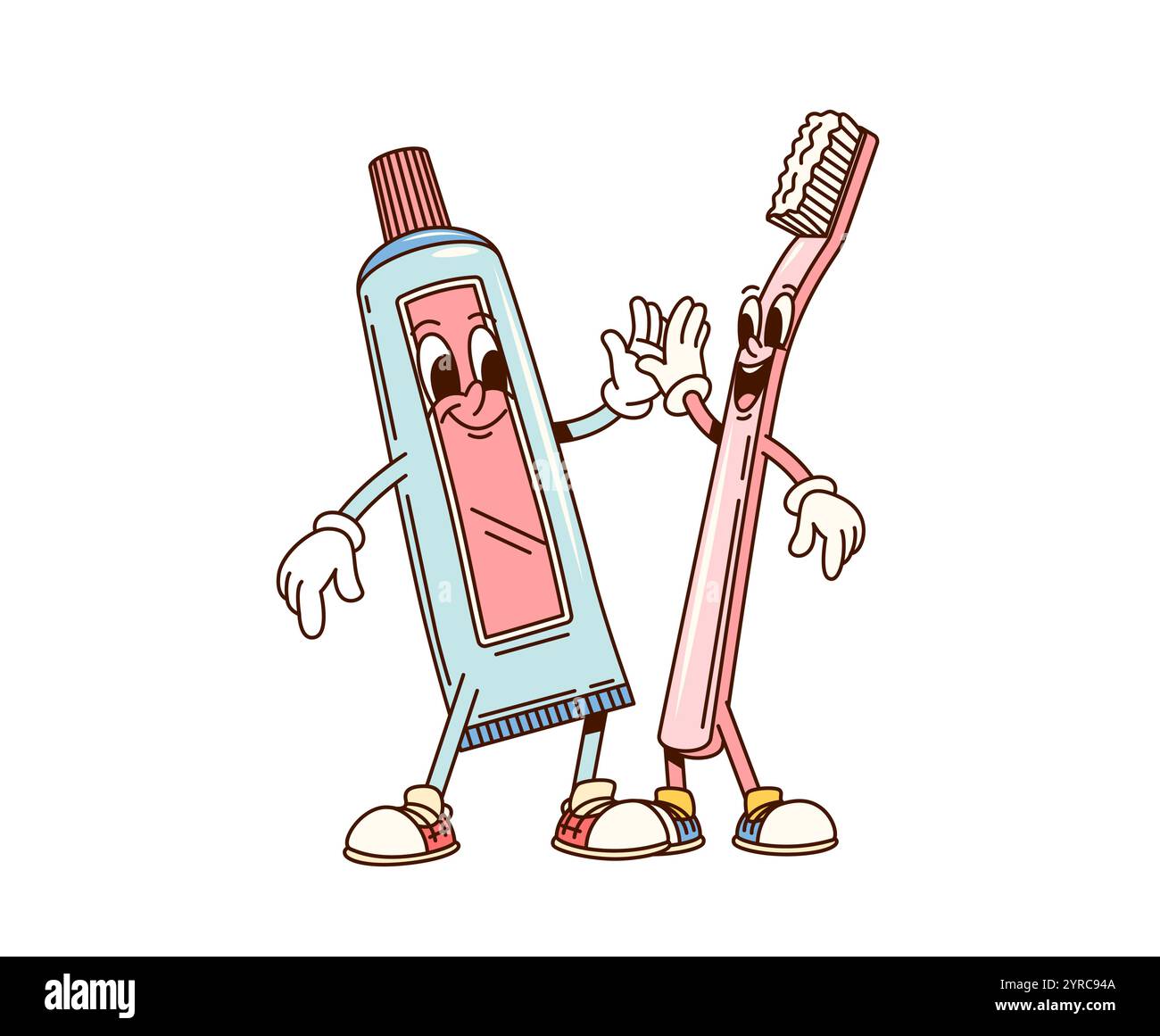 Groovy toothpaste and brush characters high fiving with big smiles ...
