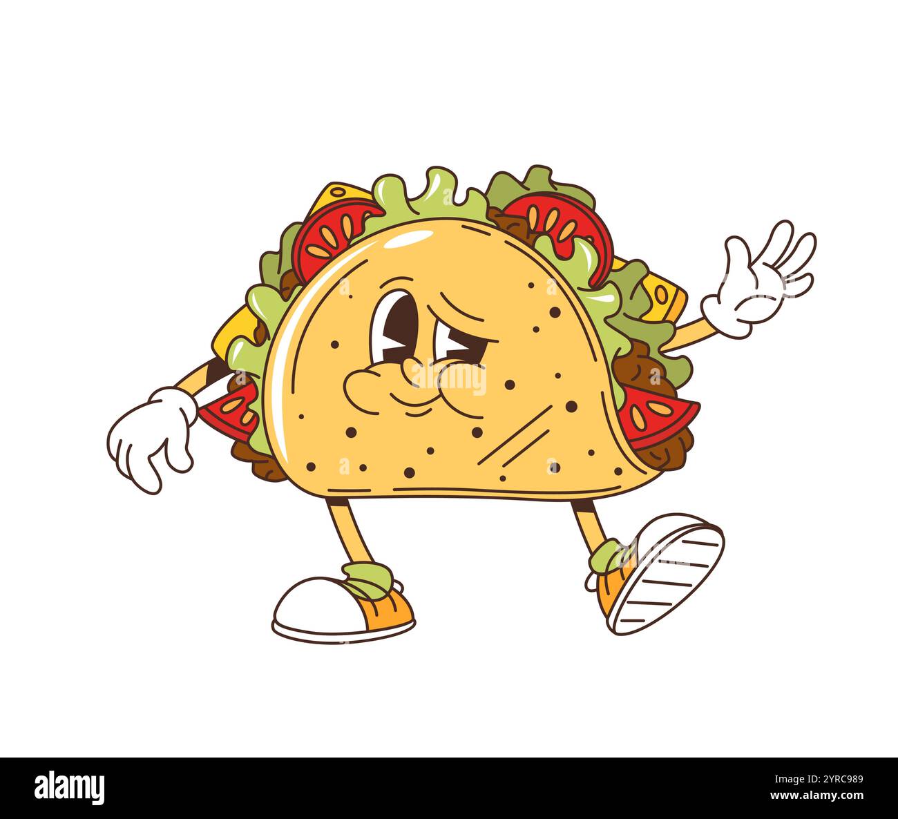 Cartoon groovy retro tacos character or fast food emoji, comic vector ...