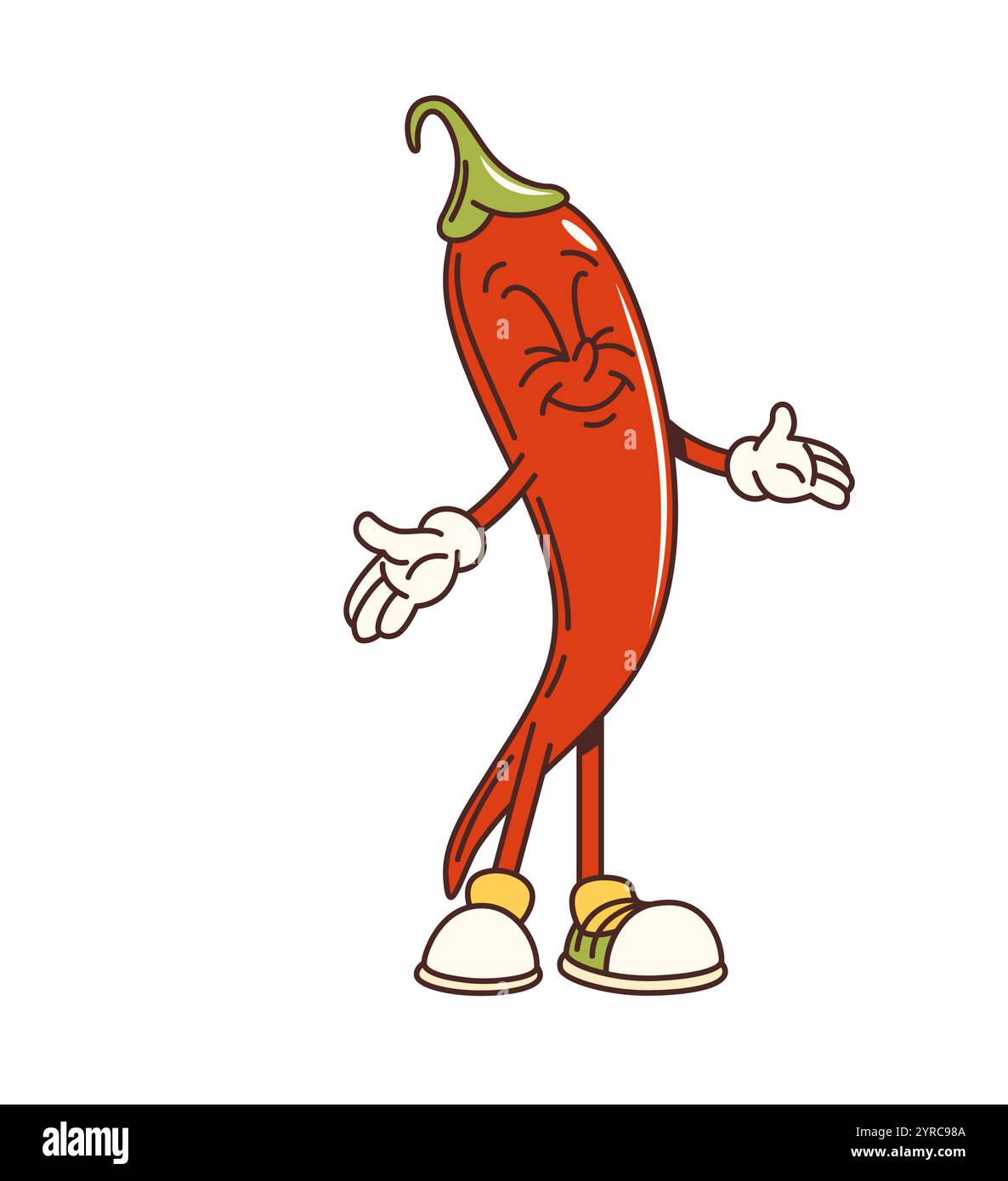 Cartoon groovy red chili pepper vegetable character with funny face ...