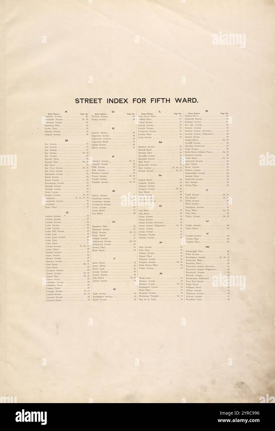 Street Index for Fifth Ward. [Front] 1907 Stock Photo - Alamy