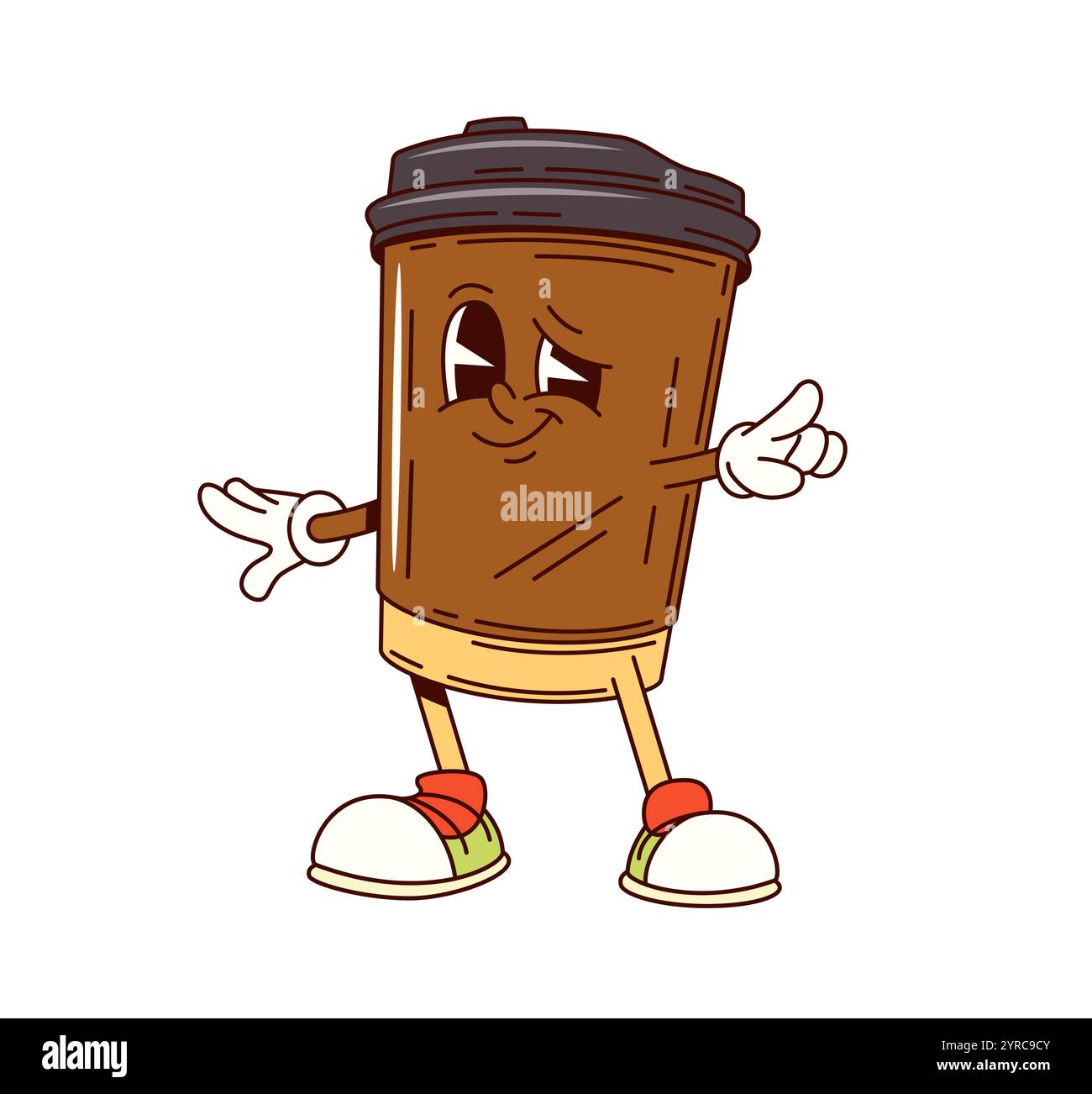 Groovy coffee cup character with cheerful expression, posing with a ...