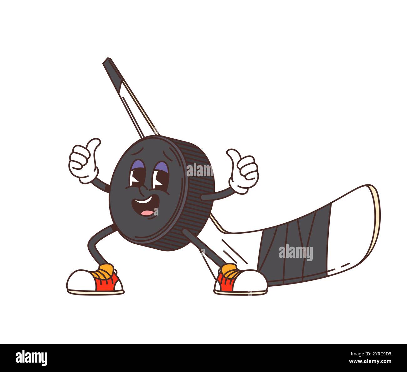 Cartoon retro groovy ice hockey stick and puck character giving a ...