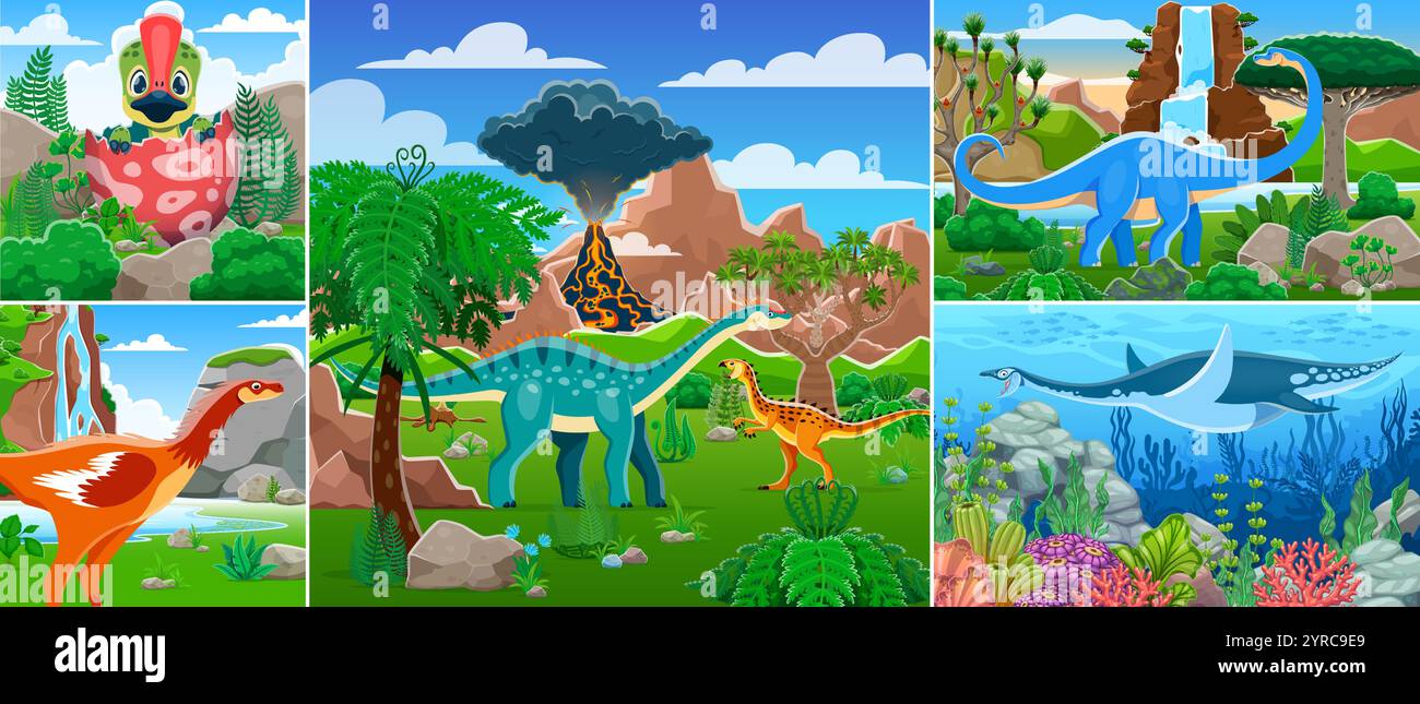 Cartoon prehistoric dinosaurs and reptile characters collage. Jurassic ...