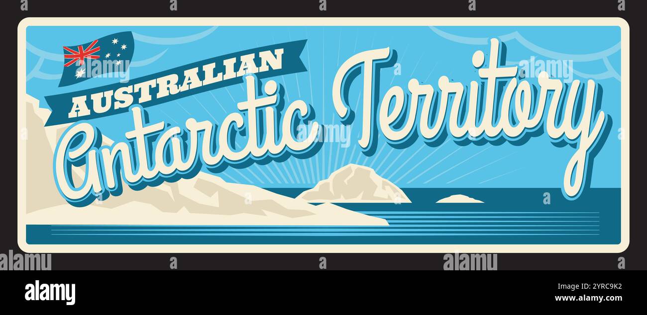 Australian Antarctic Territory, vintage travel plate. Vector glacier ...