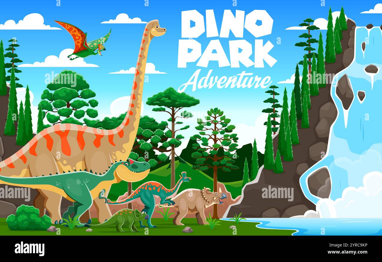 Prehistoric dinosaurs at dino park landscape vector background. Cartoon ...