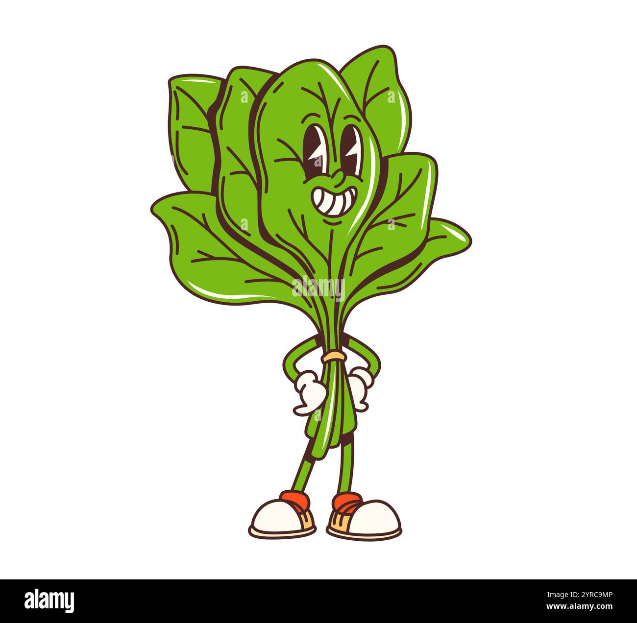Cartoon groovy green spinach vegetable character with funny face ...