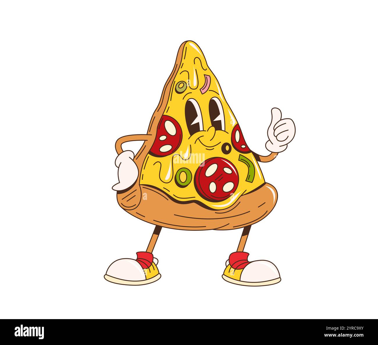 Cartoon retro groovy fast food pizza slice character. Isolated vector ...
