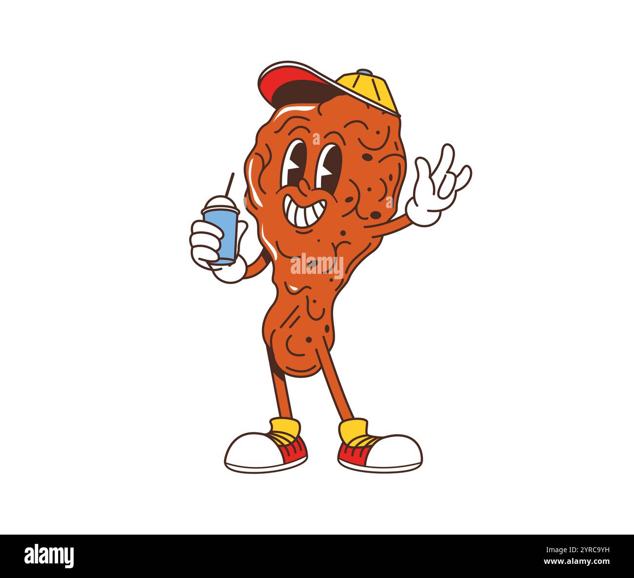 Groovy retro cartoon chicken leg or fast food character, vector comic ...