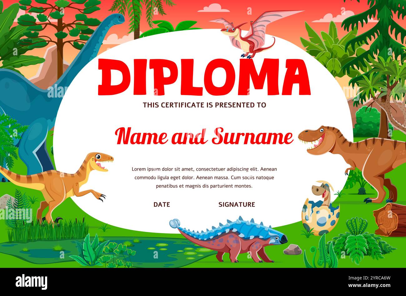 Kids diploma with funny prehistoric dinosaurs, jungle forest and ...