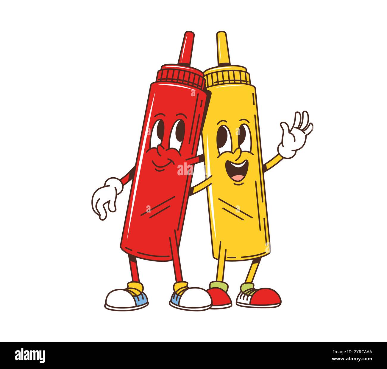 Cartoon retro groovy fast food mustard and ketchup bottle characters ...