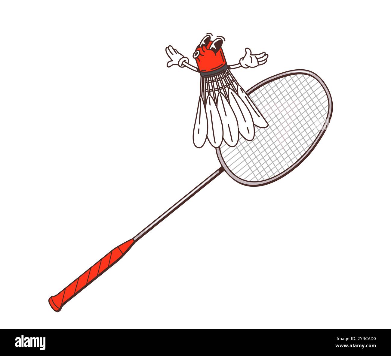 Cartoon retro groovy badminton racket and shuttlecock character with ...
