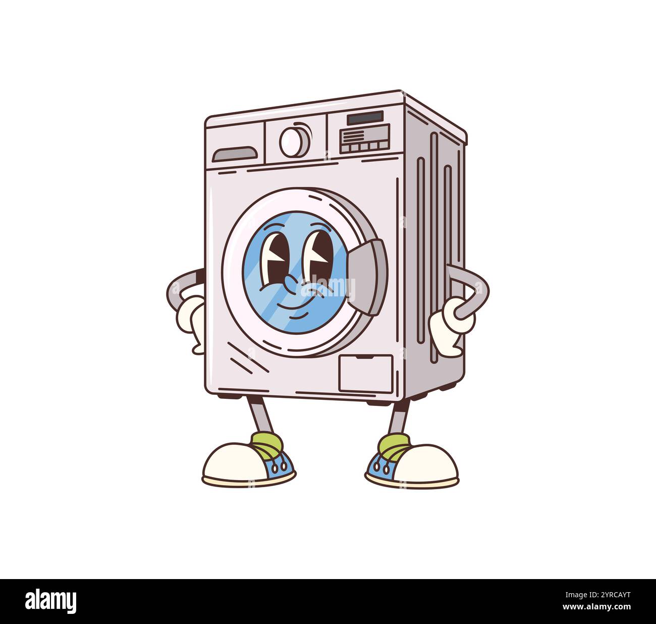 Cartoon groovy washing machine, cleaning and household character ...