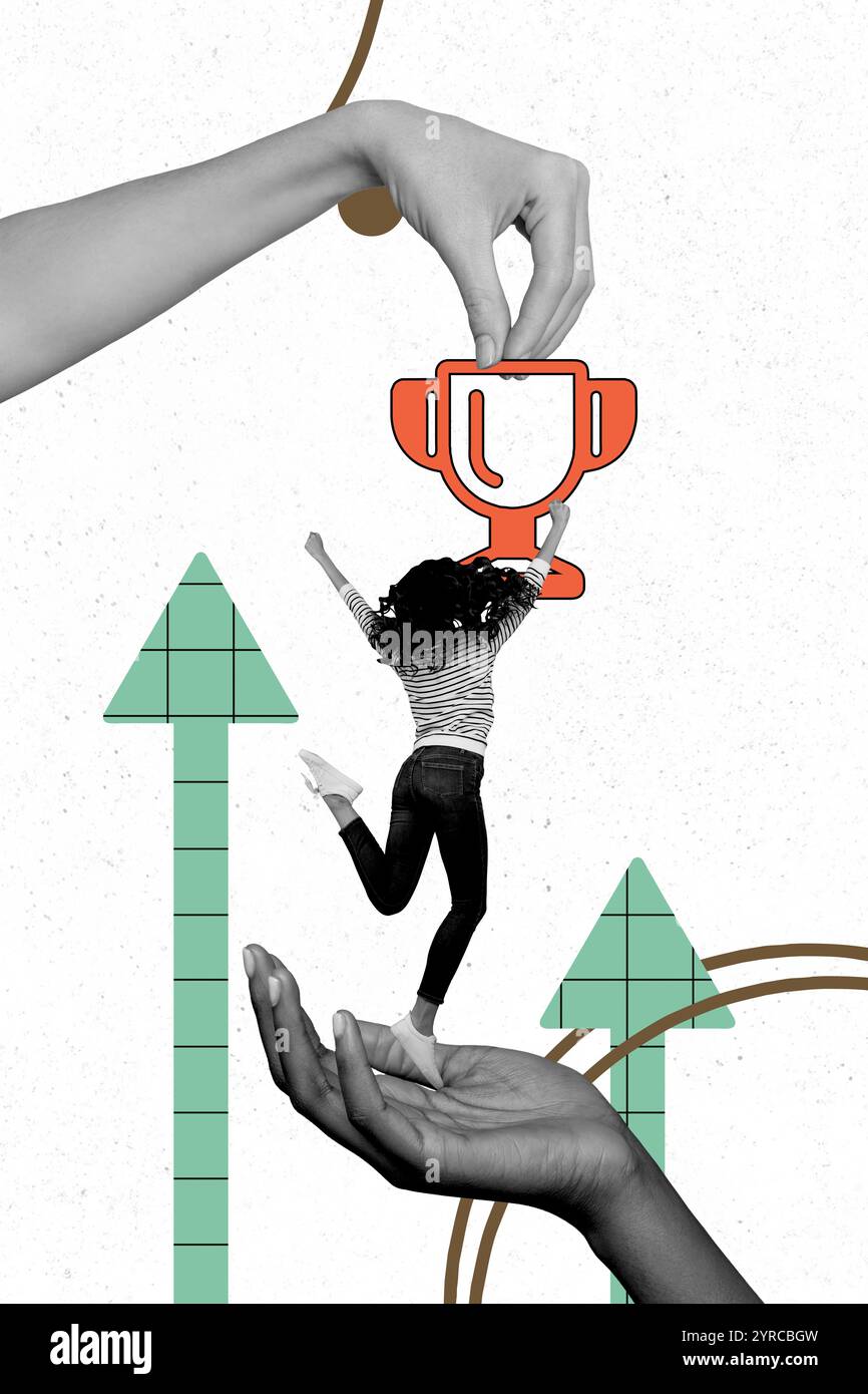 Vertical collage picture young woman jump celebrate victory winner ...