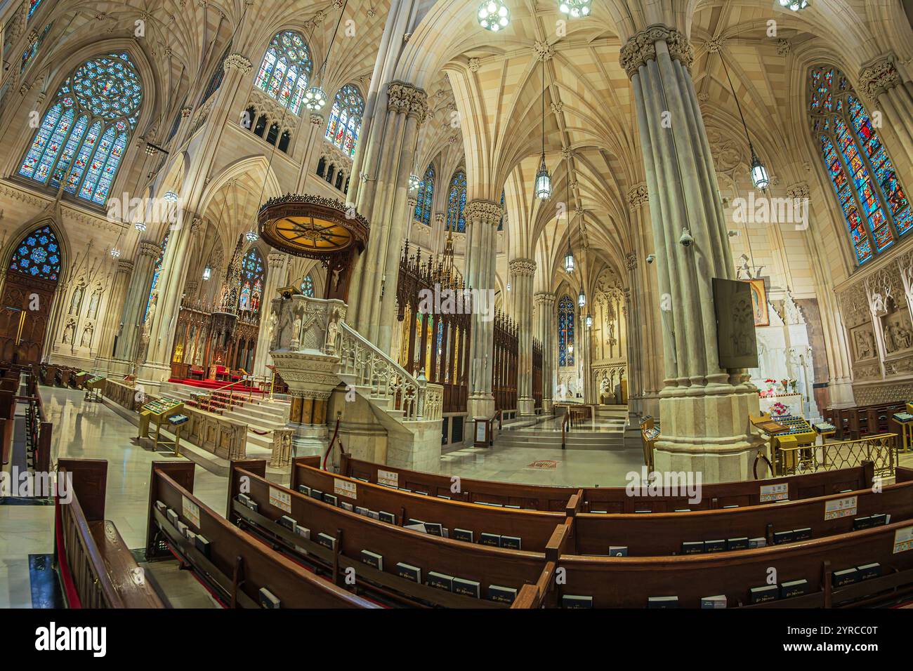NEW YORK, USA - MARCH 6, 2020: Interior of Saint Patrick Cathedral decorated in neo-gothic ...