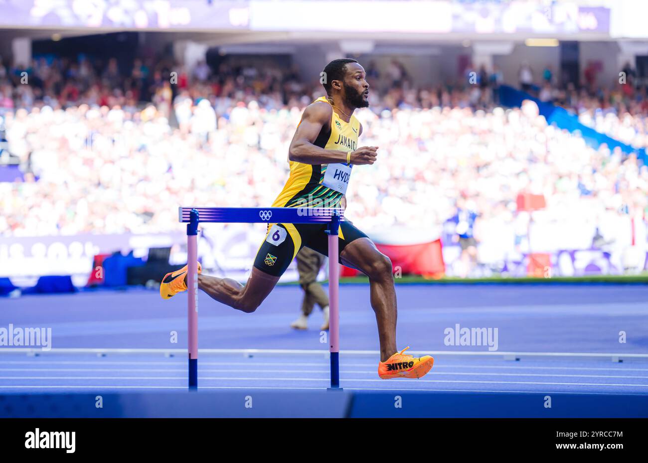 Jaheel Hyde participating in the 400 meters hurdles at the Paris 2024 ...