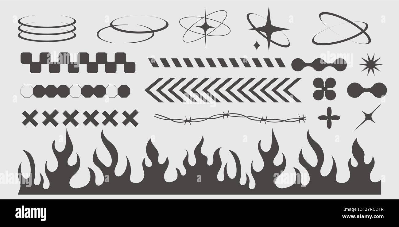 Y2k geometric elements border set, heart with flame, barbed wire, grid ...