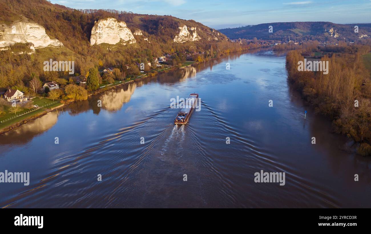 Canal boat on Seine River by Chateau Gaillard in Normandy Stock Photo ...