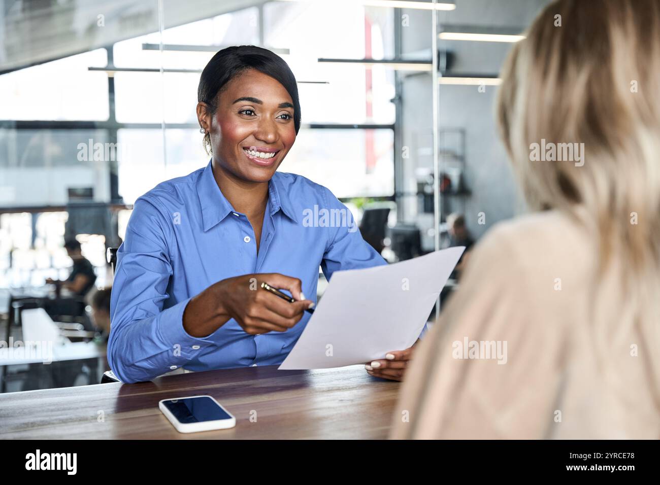 Happy African American business woman hr manager at job interview ...