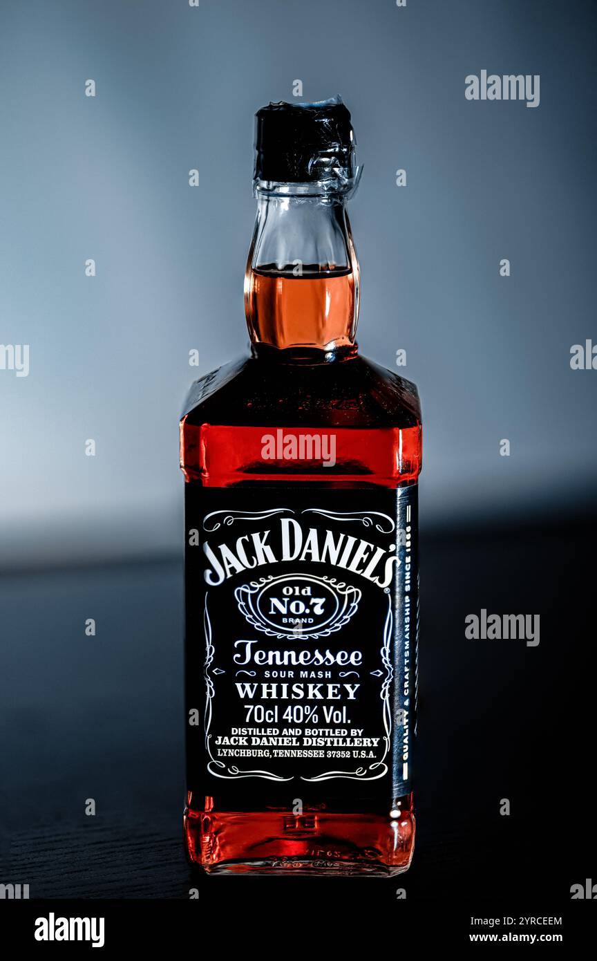A sleek shot of a Jack Daniel’s Tennessee Whiskey bottle against a ...