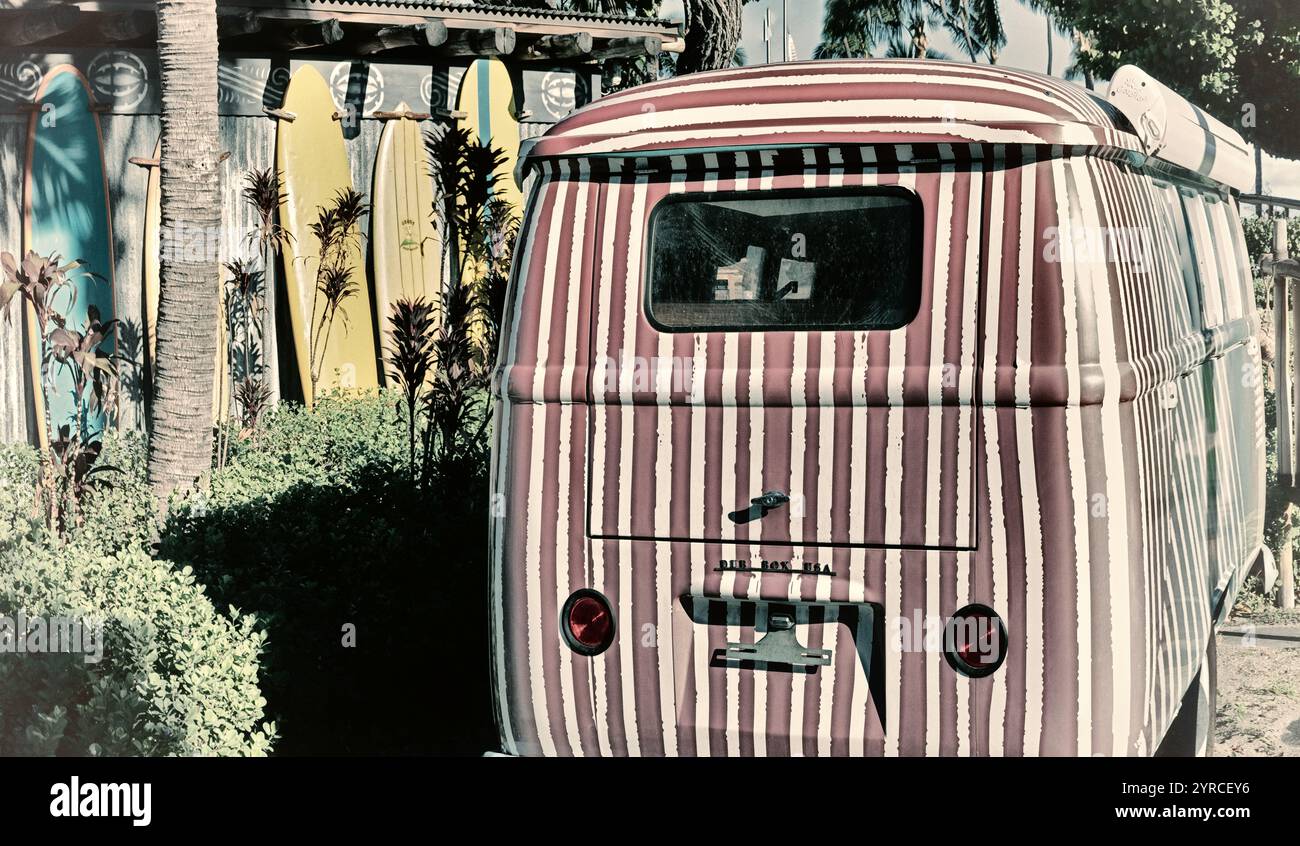 Old bus with surboard display. Hawaii the big island Stock Photo - Alamy