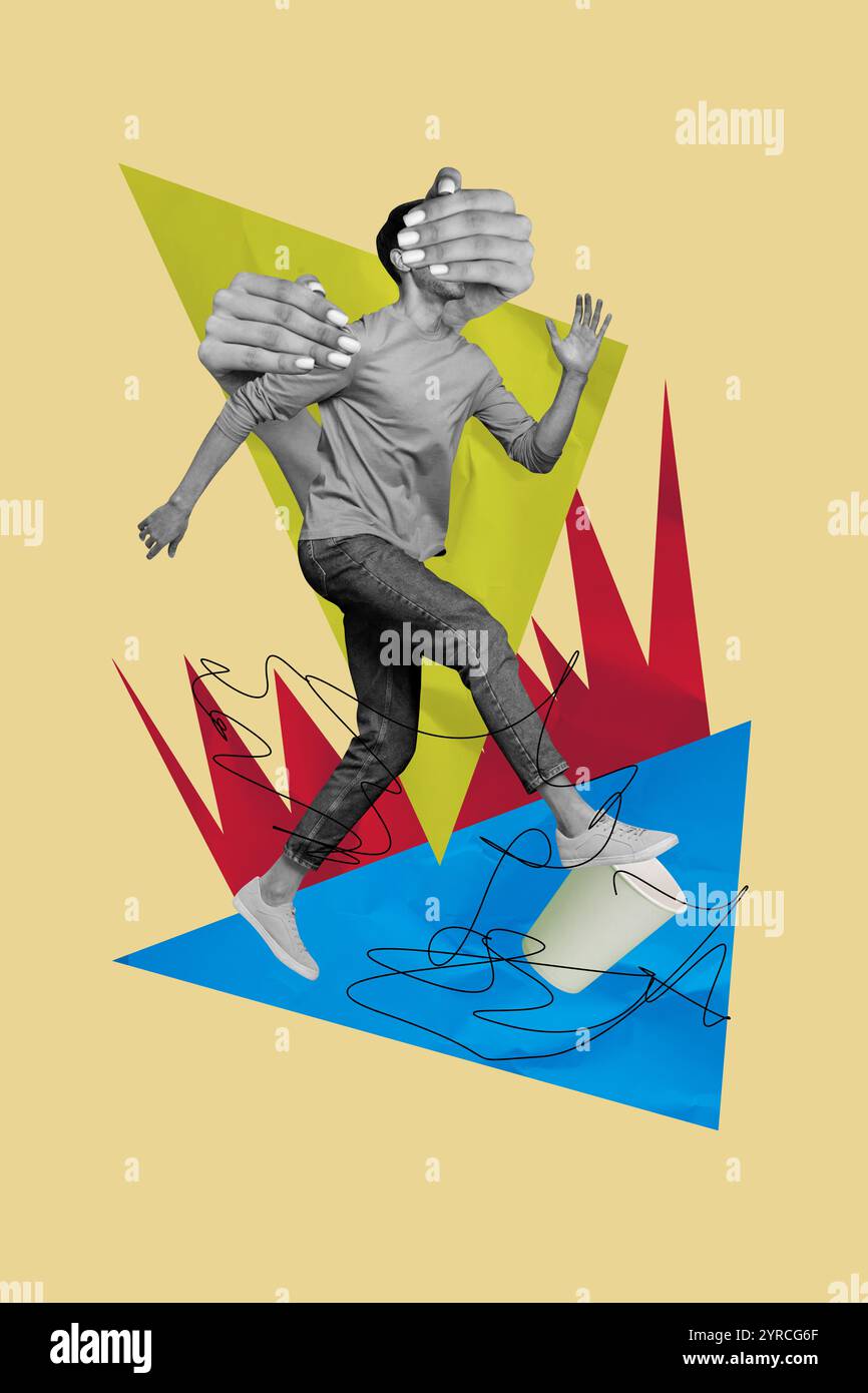 Vertical photo collage of anonym man run hands shut mouth eyes control ...