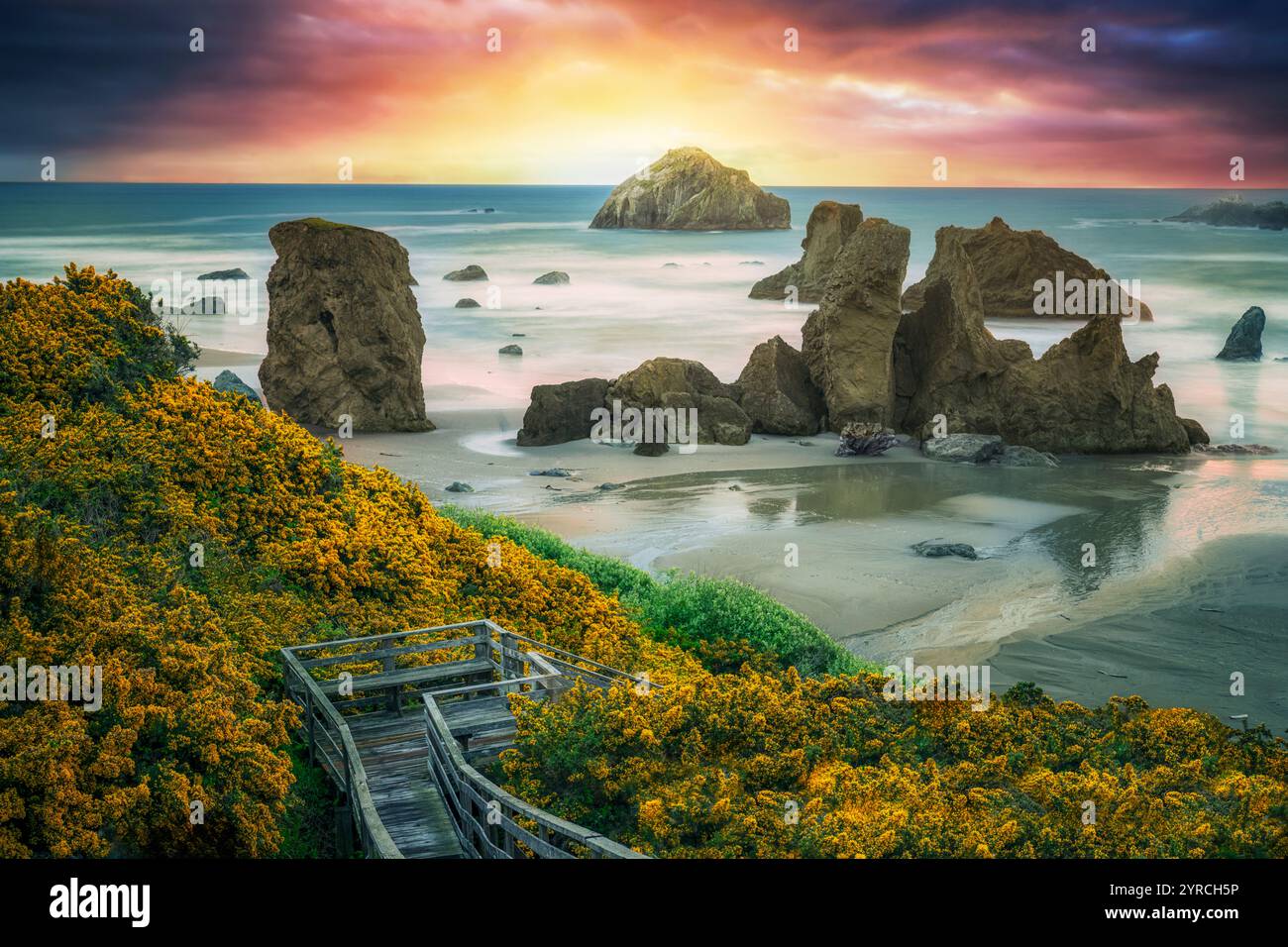 Gorse and stairway to ocean at Bandon Beach, Oregon Stock Photo - Alamy