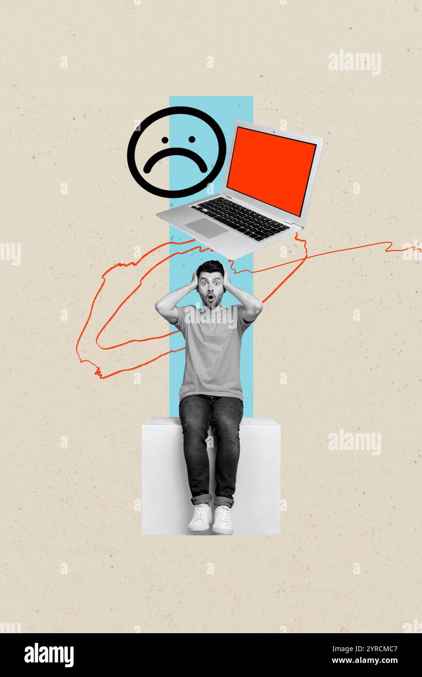 Vertical collage young shocked man impressed unbelievable laptop ...