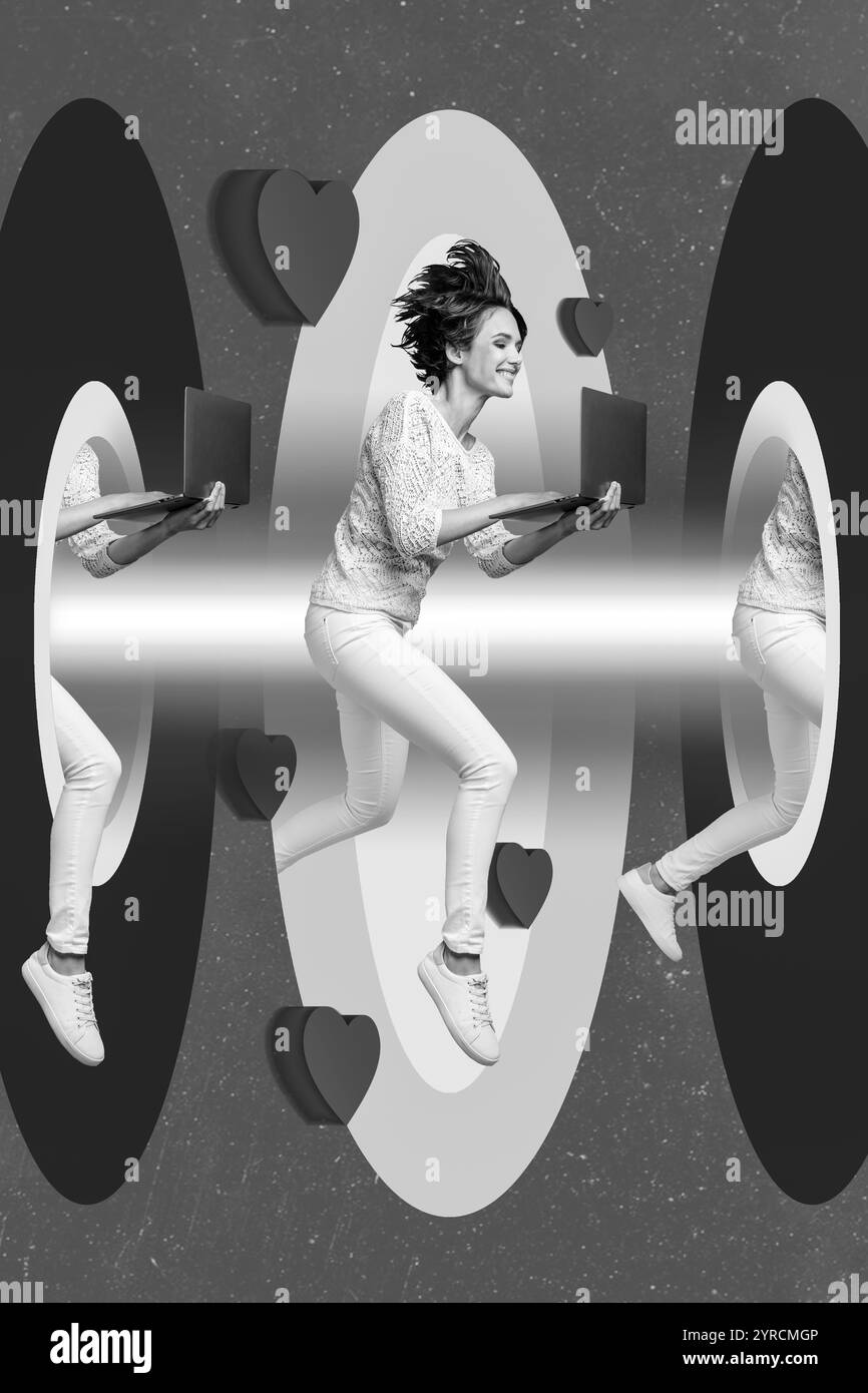 Vertical collage image of excited cheerful girl use netbook jump portal ...