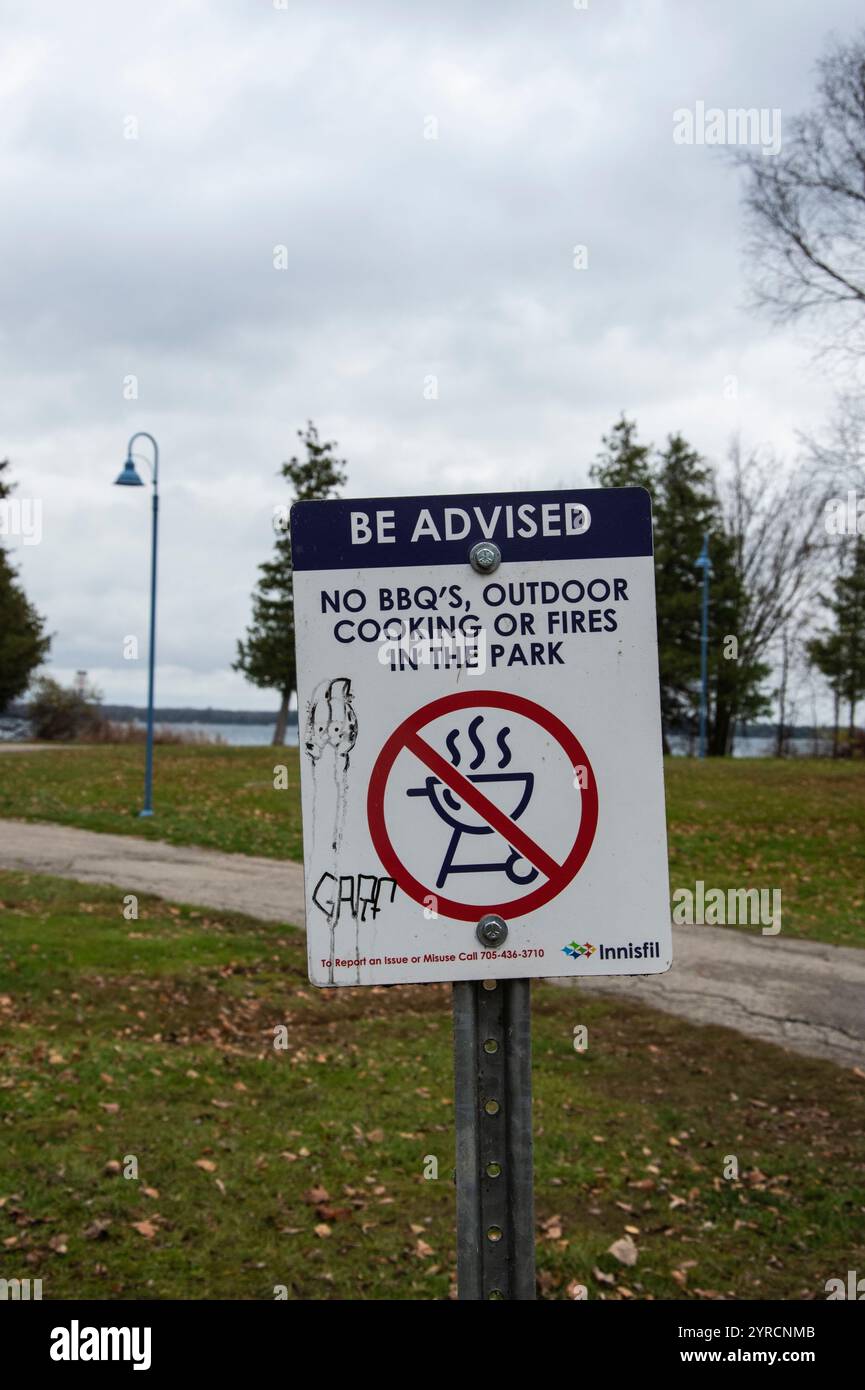 Advisory sign prohibiting outdoor cooking at Innisfil Beach Park in ...